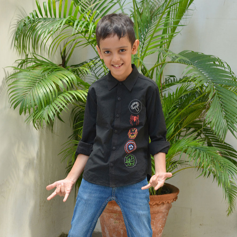 Superheroes Icons Embroidered Shirt - Black – Nanhey
