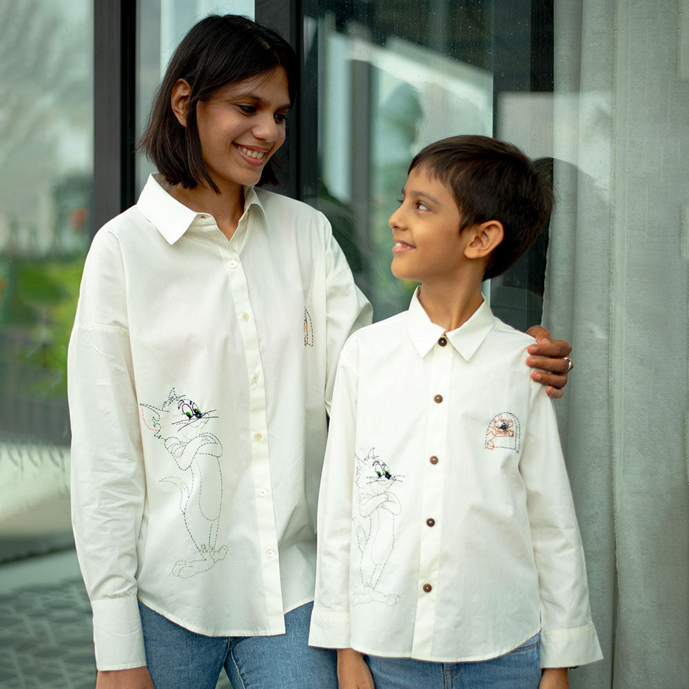 Cat and Mouse Cartoon Embroidered Women Shirt - White – Nanhey